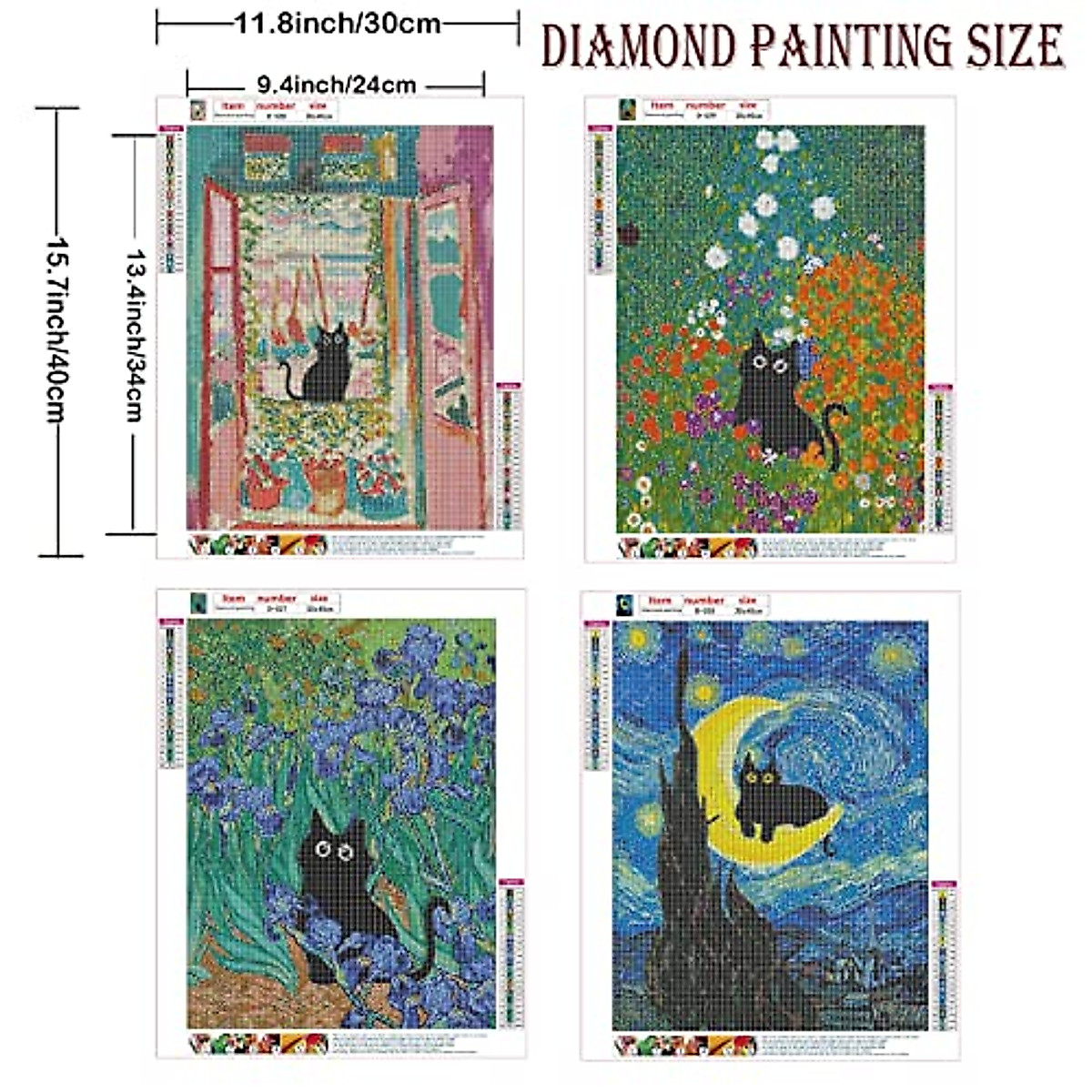 Adult & Kids 5D Diamond Painting Set - 4 Pieces, Round Diamond Digital Painting Kit, DIY Beginner Black Cat Diamond Art Kit, Matisse Van Gogh Living Room Bedroom Decoration (11.8x15.7)