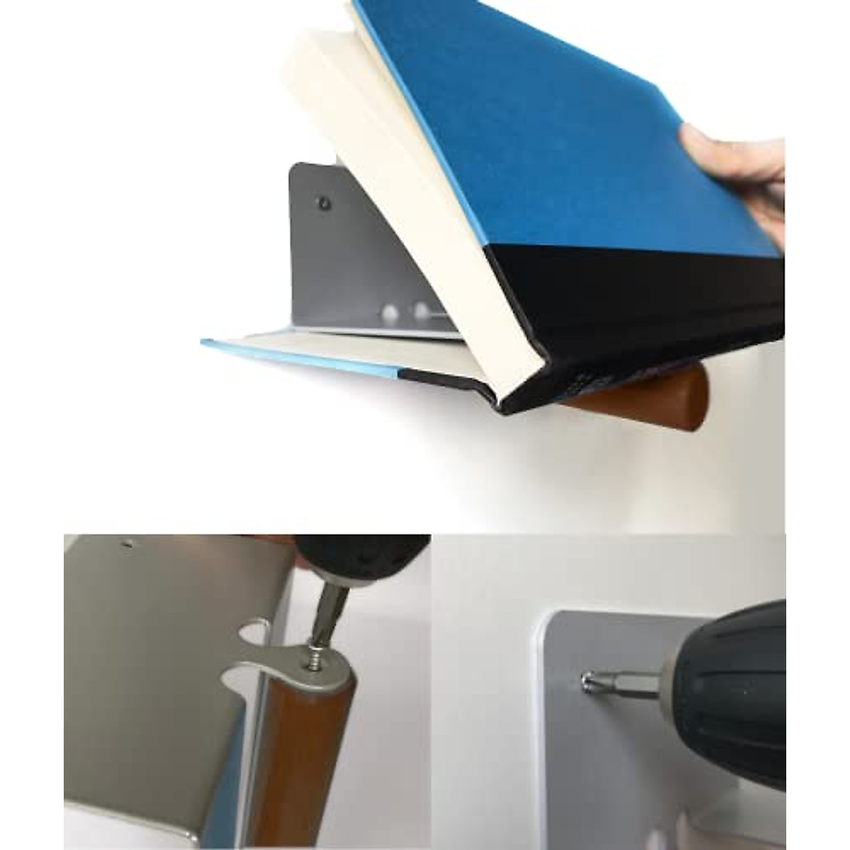 Decorative Invisible Floating Bookshelf with Wooden Rod, Wall Mounted Metal Book Organizer Shelf, for Home, Office, Library, Study, Livingroom, Bedroom, Set of 3 Walnut.