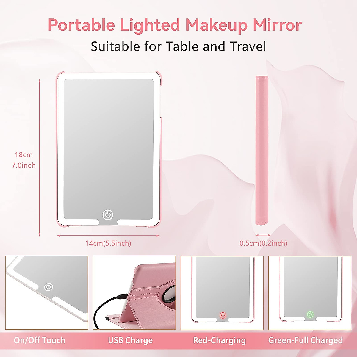 Travel Makeup Vanity Mirror with 72 LEDs ||Drop Protection|| 360° Rotation Lighted Folding Cosmetic Beauty Mirror, Touch Control 3 Colors Light Modes, USB Rechargable, Ultra Thin Tabletop Mirror
