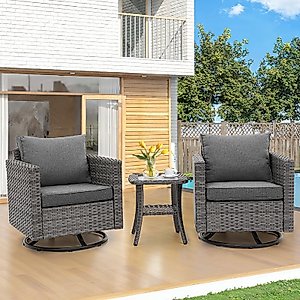 Patio Wicker Swivel Rocker Chairs, Outdoor Glider Rocking Chairs Set of 2 with Side Table, High Back and Thick Cushion Patio Swivel Glider Chair 3 Piece Patio Furniture Sets for Porch Backyard Pool