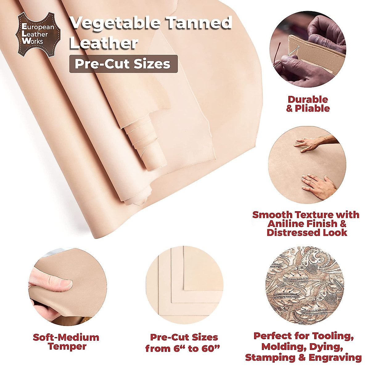 ELW Full Grain Cowhide Leather 4-5 oz [1.6-2mm] Thickness in Pre-Cut Size: 4-6 SQ FT, AB Grade Hide Vegetable Tanned Leather Using for Tooling, Carving, Molding, Dyeing Material for Craft, Hobby