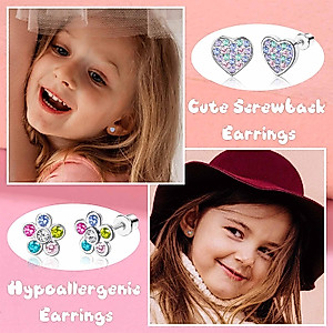 Jstyle 6 Pairs Hypoallergenic Screw Back Earrings for Women 316L Stainless Steel Stud Screwback Earrings Cute Tiny Pearl Heart Flower CZ Stud Earrings Set Multicolored Tone