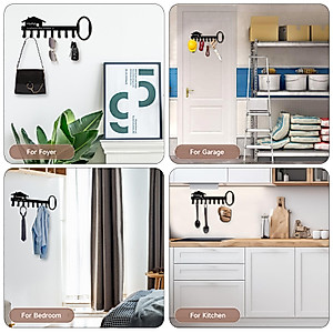 RELBRO Key Holder Wall Mount, Black Metal Key Shape Key Hanger Wall Decorative Self Adhesive Key Rack Organizer with 8 Key Hooks for Entryway Hallway Doorway Garage 2 Installation Ways