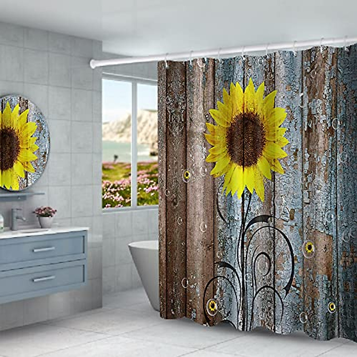 BIUSTAR 4 Piece Rustic Sunflower Shower Curtains Sets with Non-Slip Rugs, Toilet Lid Cover and Bath Mat, Bathroom Sets with Shower Curtain and Rugs and Accessories