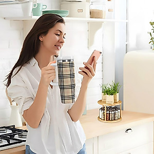 Tartan Plaid Khaki Black 40 oz Tumbler with Handle and Straw Lid, Insulated Coffee Cup Reusable Stainless Steel Water Bottle Travel Mug Cupholder Friendly,Gifts for Women Men