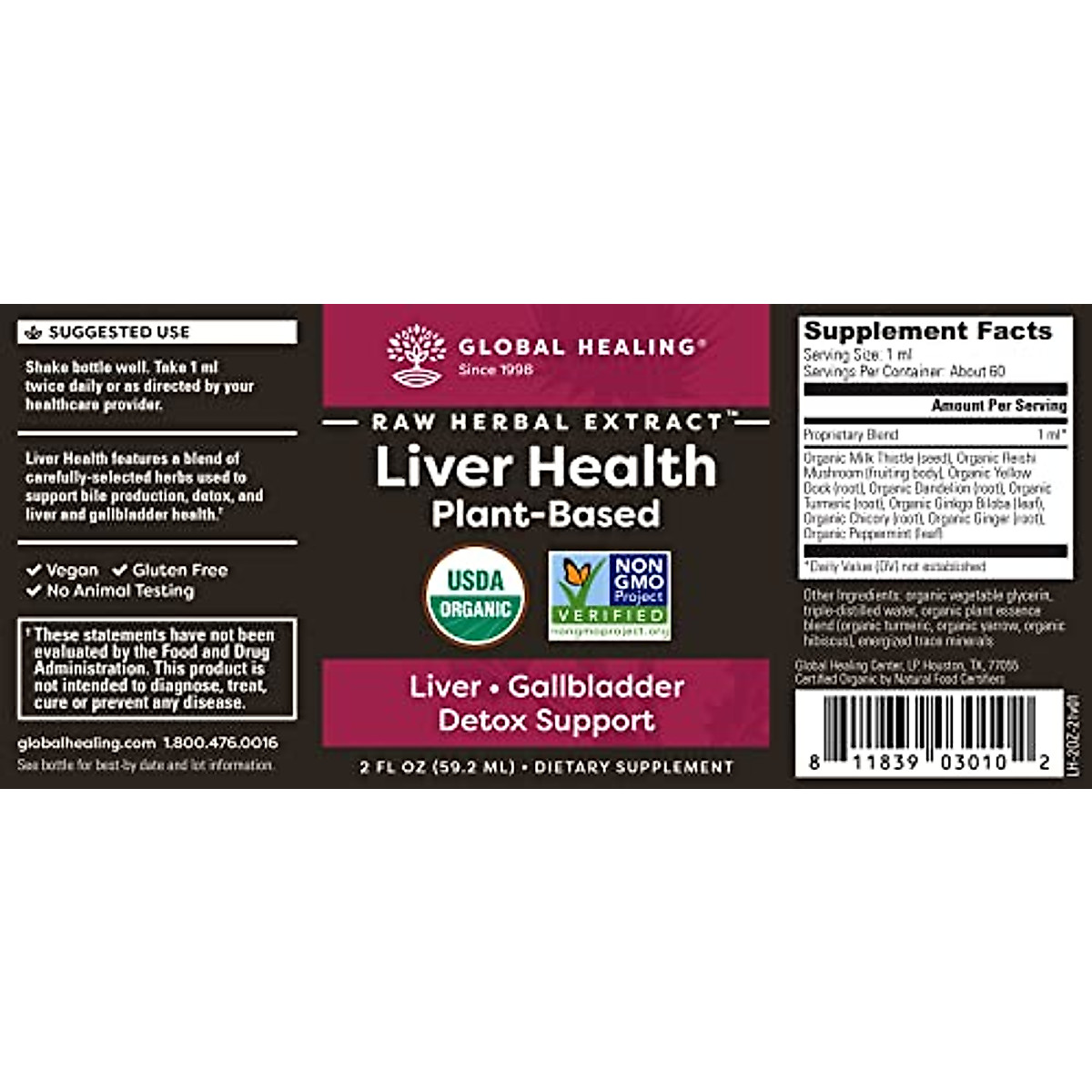 Global Healing Liver Health - Natural Vegan Liquid Drops Supplement Supports Liver and Gallbladder Detox & Function - Raw Herbal Extract for Best Absorption and Clean Cleanse - 2 Fl Oz Tincture