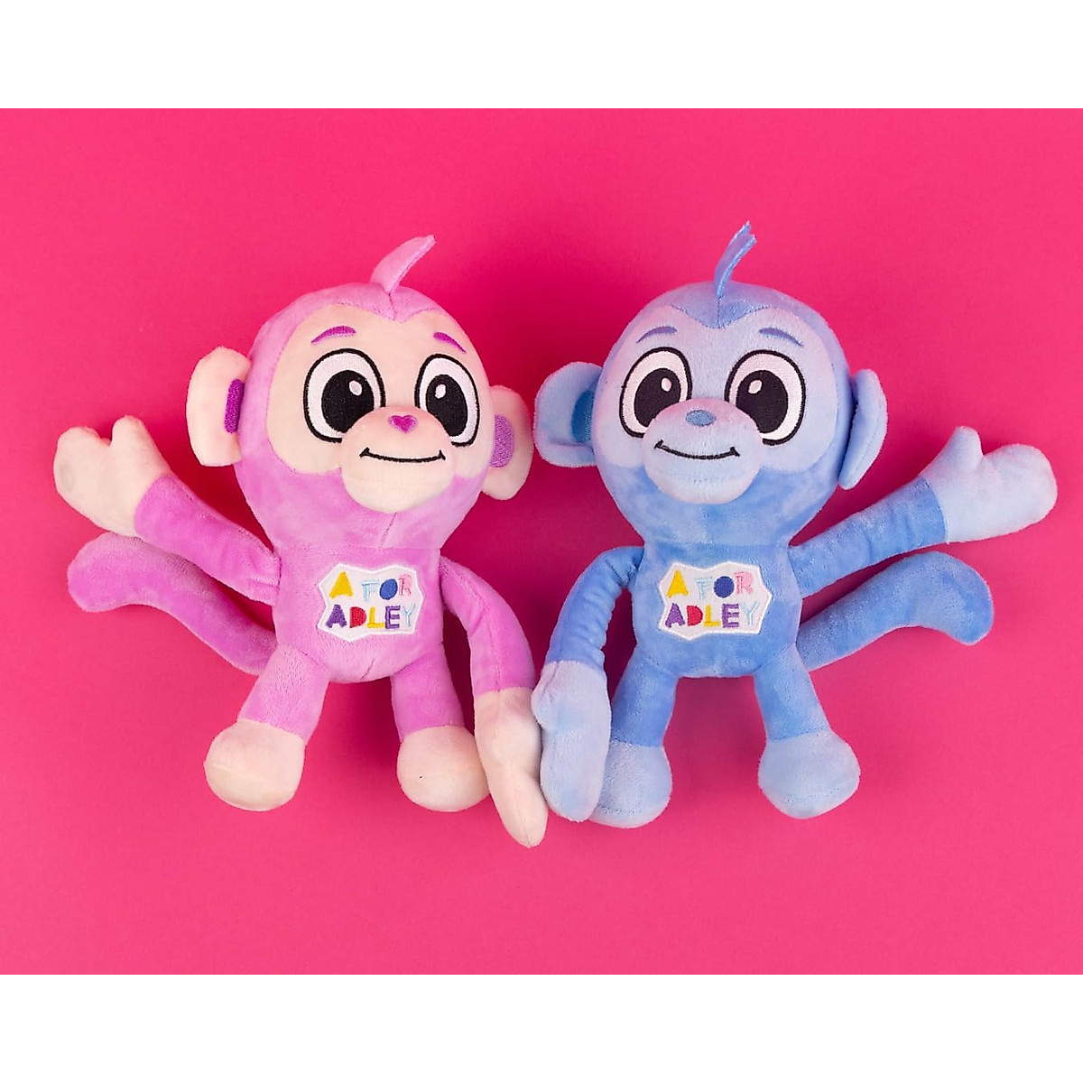 A FOR ADLEY Official Merch Monkey Buddies, A Pink and Blue Monkey Ready to Be Your Favorite Stuffed Animal Friend. Comes with Carrying Bag.