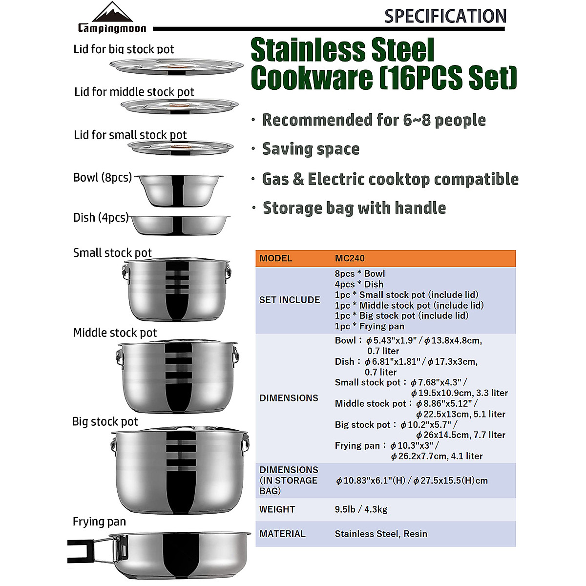 CAMPINGMOON 16PCS Stainless Steel Outdoor Camping Nesting Mess Kit Cookware Set Pots Pans with Storage Carrying Bag MC240