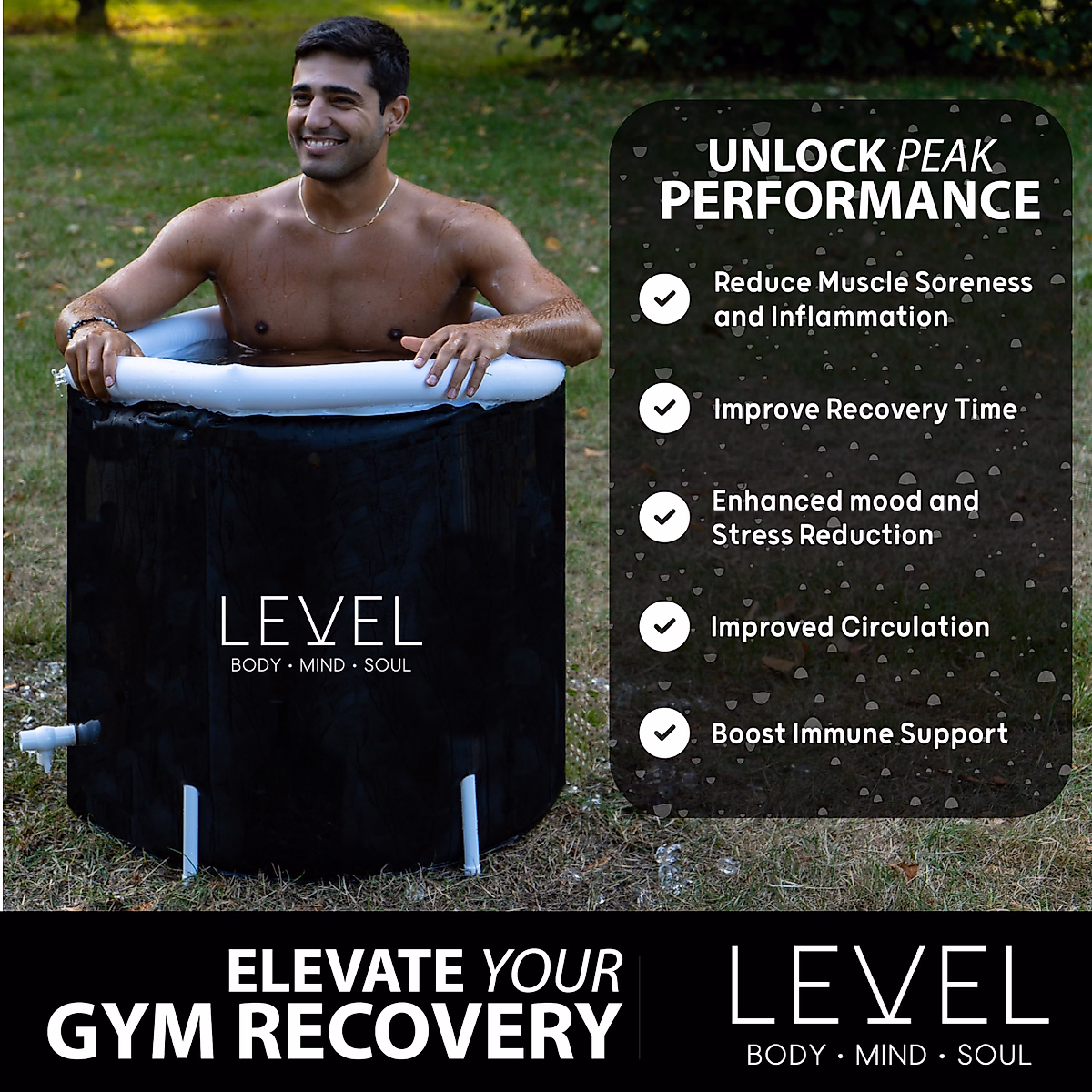 Level Body Mind Soul - Portable Ice Bath with Cover included - Ice Bath for athletes, post-workout recovery Cold Therapy - Can help improve Sleep and your general Wellbeing - 29x29 Inches