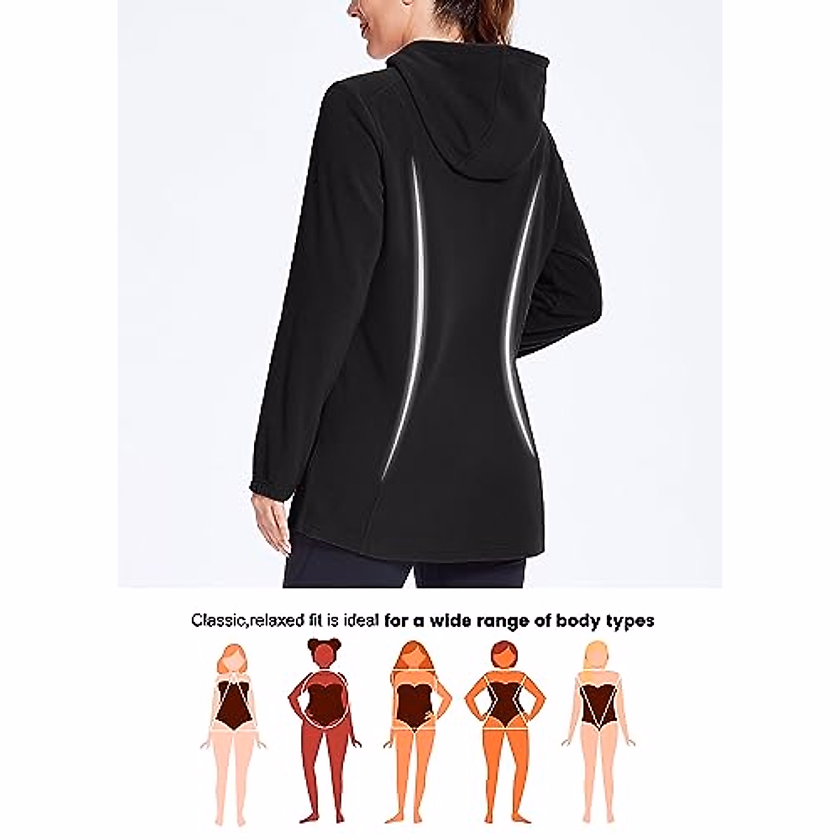 Willit Women's Long Fleece Jacket Full-Zip Thermal Fleece Hooded Jacket Lightweight Winter Coat Black L