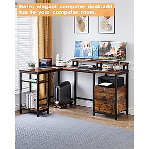 L Shaped Office Desk, 67" Home Office Desk with File Drawer & Power Outlet, Gaming Desk with Mobile CPU Stand, Corner Computer Desk with Monitor Shelf, Printer Storage Shelves, Two Person Desk, Brown