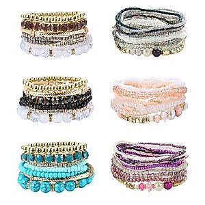 LOYALLOOK 6 Set Bohemian Stackable Bead Bracelets for Women Colorful Bangle Bracelets Multilayer Stretch Bracelets