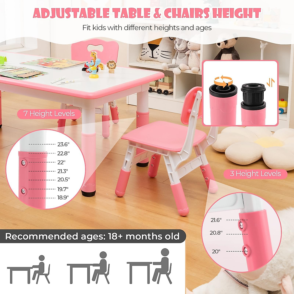 HONEY JOY Kids Table and Chair Set, Height Adjustable Children Activity Table and 4 Chairs Set w/Erasable Graffiti Desktop, Toddler Table and Chair Set for Daycare, Classroom, Home (Pink)