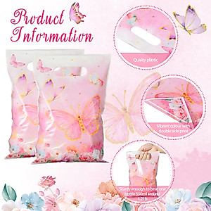 Teling 50 Pcs Butterfly Gift Bags Plastic Small Pink Butterfly Candy Bags Butterfly Birthday Goodie Bag with Die Cut Handle for Butterfly Theme Party Gift Wrapping Supplies Decor, 7 x 10 Inch