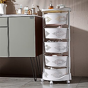 5 Layer Rotating Multi-Layer Kitchen Storage Shelf, Fruit and Vegetable Storage Basket, Kitchen Storage Rack Floor-Standing Household Storage Rack Trolley with Movable Wheels for Kitchen