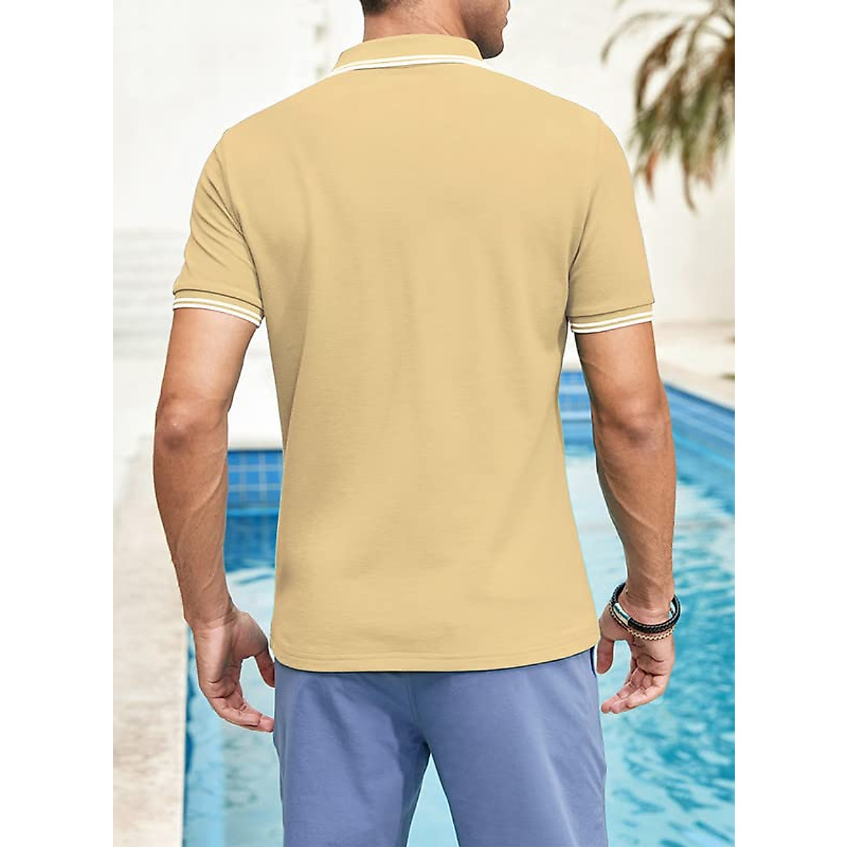 JMIERR Men's Zipper Polo Shirts Classic Lightweight Knit Striped Polos Shirt Casual Short Sleeve Golf Shirt for Men,US 43(L),Khaki