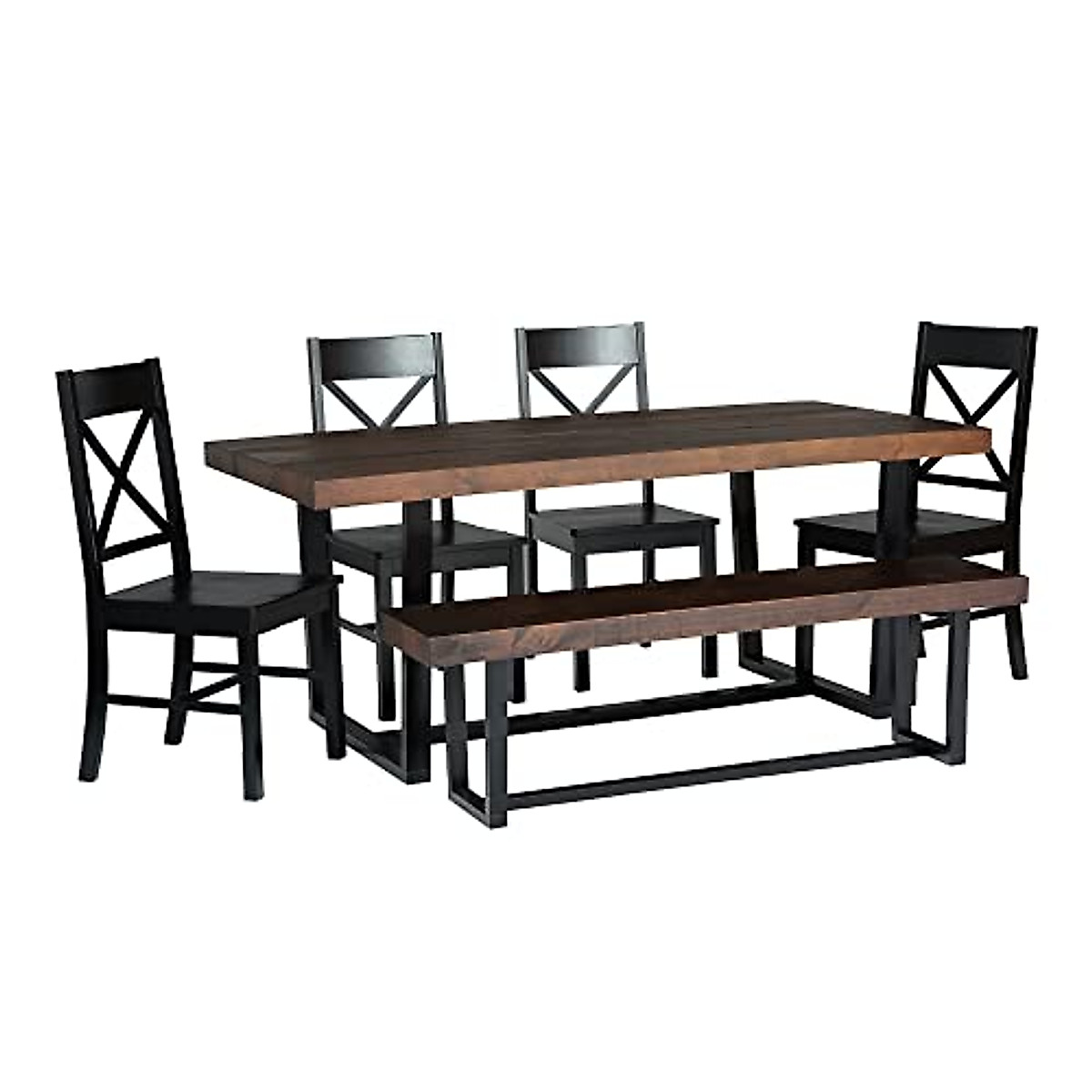 Walker Edison Barnes 6-Piece Rustic Metal and Wood Dining Table with X-Back Chairs, Set of 6, Mahogany/Black