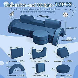 Fivetry 12PCS Modular Kids Play Couch, Child Sectional Sofa, Kids Floor Sofa for Playroom Fort Building, Convertible Foam and Floor Cushion for Boys and Girls