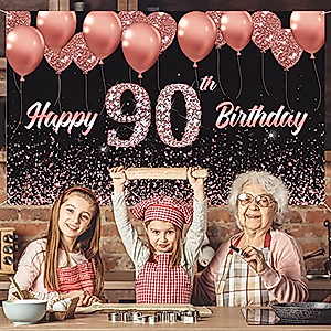 Vlipoeasn 90th Birthday Decorations for Women Rose Gold 90th Birthday Backdrop Banner Happy 90th Birthday Party Supplies Cheers to 90 Years Birthday Decoration (72.8 x 43.3 Inch)