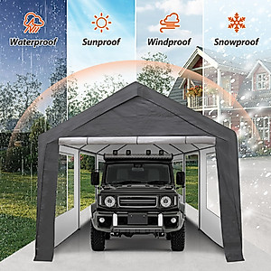 QZEN Carport 10x20ft Portable Garage, Heavy Duty Car Canopy with Roll-up Ventilated Windows & Side Doors, Car Port for SUV, F150, Car, Truck, Boat (10' x 20'Grey and White)