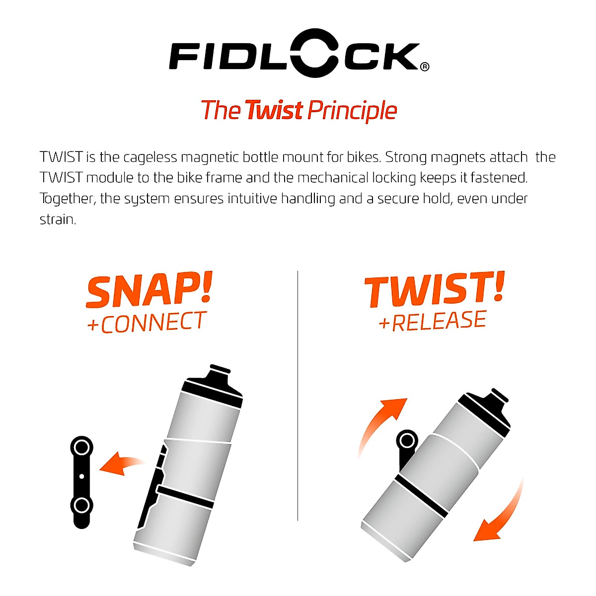 FIDLOCK Twist Bottle 800 & Bike Base Set - New Leak-Proof, Self-Sealing Bottle Cap - Bike Water Bottle Holder with No Screws & Attached Bottle - Cage Free Magnetic Rack - Black