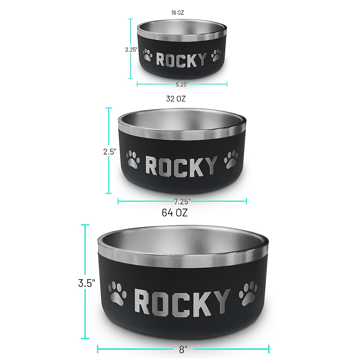 Personalized Dog Bowl - Custom Stainless Steel Dog Bowls Non Slip 16 oz., 32 oz. or 64 oz. - Dishwasher Safe - Personalized Dog Bowls with Name - Insulated Stainless Steel Dog Bowls