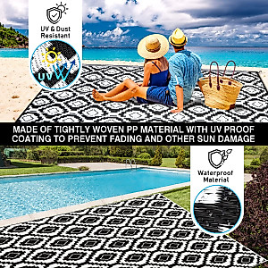 HIHEGD Outdoor Rug 9x12 for Patio Camping RV, Waterproof Reversible Mat, Plastic Straw Rug for Indoor Outdoor Patio Clearance, Porch, Deck, Backyard, Picnic (Black and White)