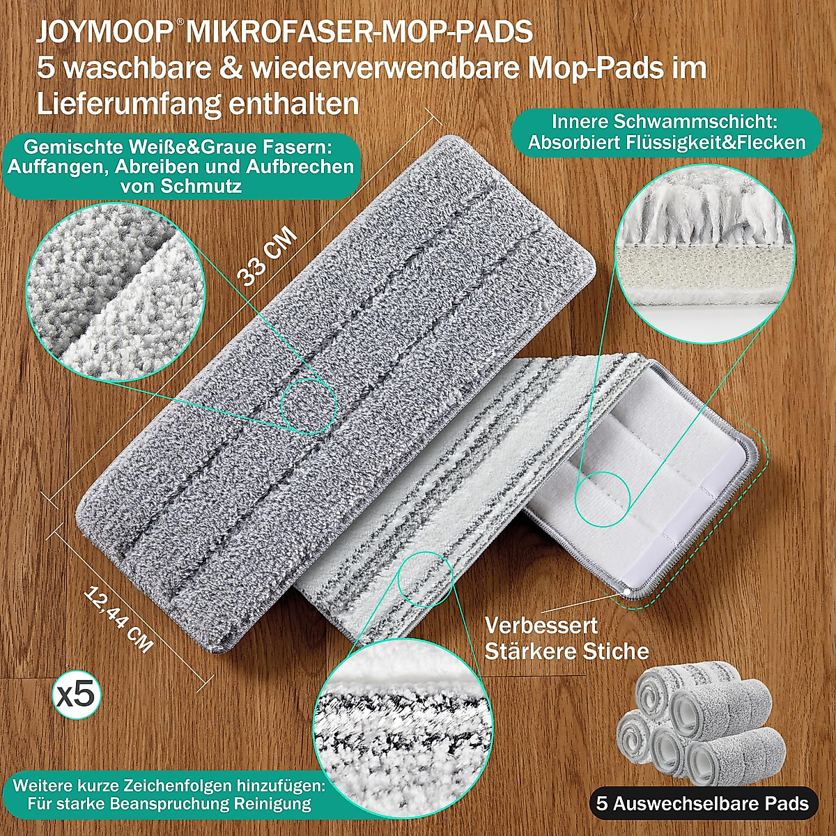 JOYMOOP Mop and Bucket with Wringer Set, Flat Floor Mop and Bucket, Mop for Floor Cleaning with 5 Microfiber Pads, Wet and Dry Use, Household Cleaning Tools, for Hardwood, Laminate, Tile