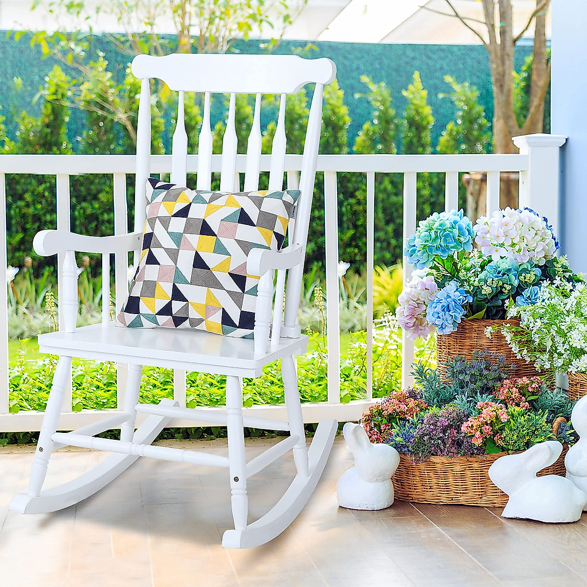 PHI VILLA Outdoor Wood Rocking Chair, Oversized Acacia Wood Slat Back Rocker Chairs for Patio, Deck, Balcony, Porch and Indoor, 30° Safe Recline Support 350 lbs - White