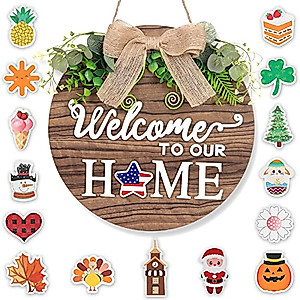 Interchangeable Seasonal Welcome Sign For Front Door Decor, Holiday Welcome To Our Home Hanging Door Sign For Front Porch 16 Holiday Icons Farmhouse Outdoor Housewarming Gifts Christmas Door Decor