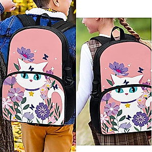 Kawaii White Cat Print Backpack Cute Floral Backpack Pink School Backpack Elementary or Middle School Lightweight Large Capacity Backpack Adjustable Shoulder Strap Bookbags for Girls Boys