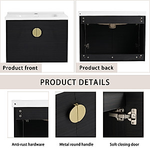 28-Inch Wall Mounted Bathroom Vanity with Sink Combo Modern Single Bathroom Vanity Set with Top Ceramic Basin & Storage Cabinet Wood Hanging Bath Cabinet w/Resin Sink for Bathroom (Black-28 Inch)