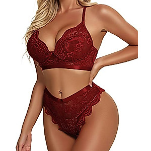 KYLELOVE Negligee Lingerie Set Sleepwear Set Lace Bra and Panty Set Wine Red