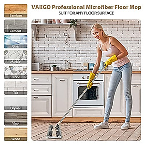 VAIIGO Professional Microfiber Hardwood Floor Mop, Flat Mops with 5 Pieces Reusable Washable Pads for Home and Office Wet or Dry Floor Cleaning (Sky Blue)