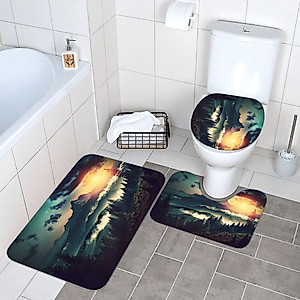 Chieraf Mountain Forest Tree Sunset Rugs Mats Sets Toilet Cover Cushion 3 Piece, Kitchen Sink Mat Machine Washable Non-Slip Soft Indoor Bath Mat