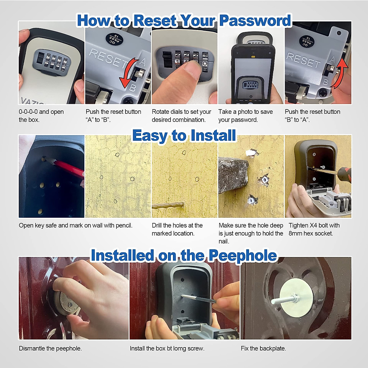 Vazioyar Key Lock Box for Outside, Portable Waterproof Wall Mounted Resettable 4-Digit Combination Key Storage Lockbox, 5 Keys Capacity Key Safe Lock Box for Home,Garage, Office, Dorm