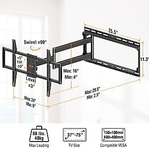 ELIVED Long Extension TV Mount for Most 37-75 Inch TV, Full Motion Wall Bracket with 29.5 inch Long Arm Articulating TV Wall Mount, Max VESA 600x400mm, Holds up to 88lbs, fits Wood Studs 12"-24".