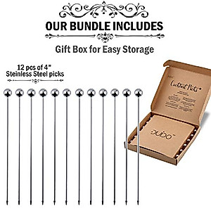 Cocktail Picks Stainless Steel Toothpicks - (12 Pack / 4 Inch) Martini Picks Reusable Fancy Metal Drink Skewers Garnish Sticks for Martini Olives Appetizers Bloody Mary Brandied