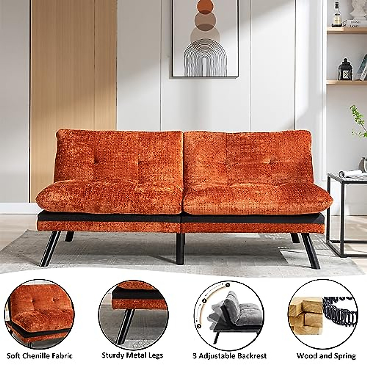 Anwick Futon Sofa Bed Convertible Futon Sleeper Couch, 71" Sleeper Sofa Bed with Adjustable Backrest, Modern Loveseat Couch for Compact Living Room, Apartment, Office (Orange)