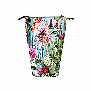 Swono Cactus Floral Pencil Case Bright Tropical Flowers Roses Cacti Watercolor Standing Pencil Case Pencil Holder Pencil Pouch Cosmetics Pouch Makeup Office Bag Colorful