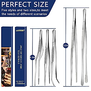 5 Pcs Kitchen Fine Tweezer Tongs, Stainless Steel Food Tweezers Set, Professional Kitchen Long Tweezer for Cooking,Repairing,Sea food,BBQ,Multi-use(12"and 6.3")