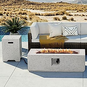 COSIEST 2-Piece Outdoor Propane Fire Pit Table Set w Tank Table, 42-inch Terrazzo Rectangle Fire Table (50,000 BTU) w 16 inches Tank Cover Side Table 20lb, Waterproof Cover for Garden, Pool, Backyard