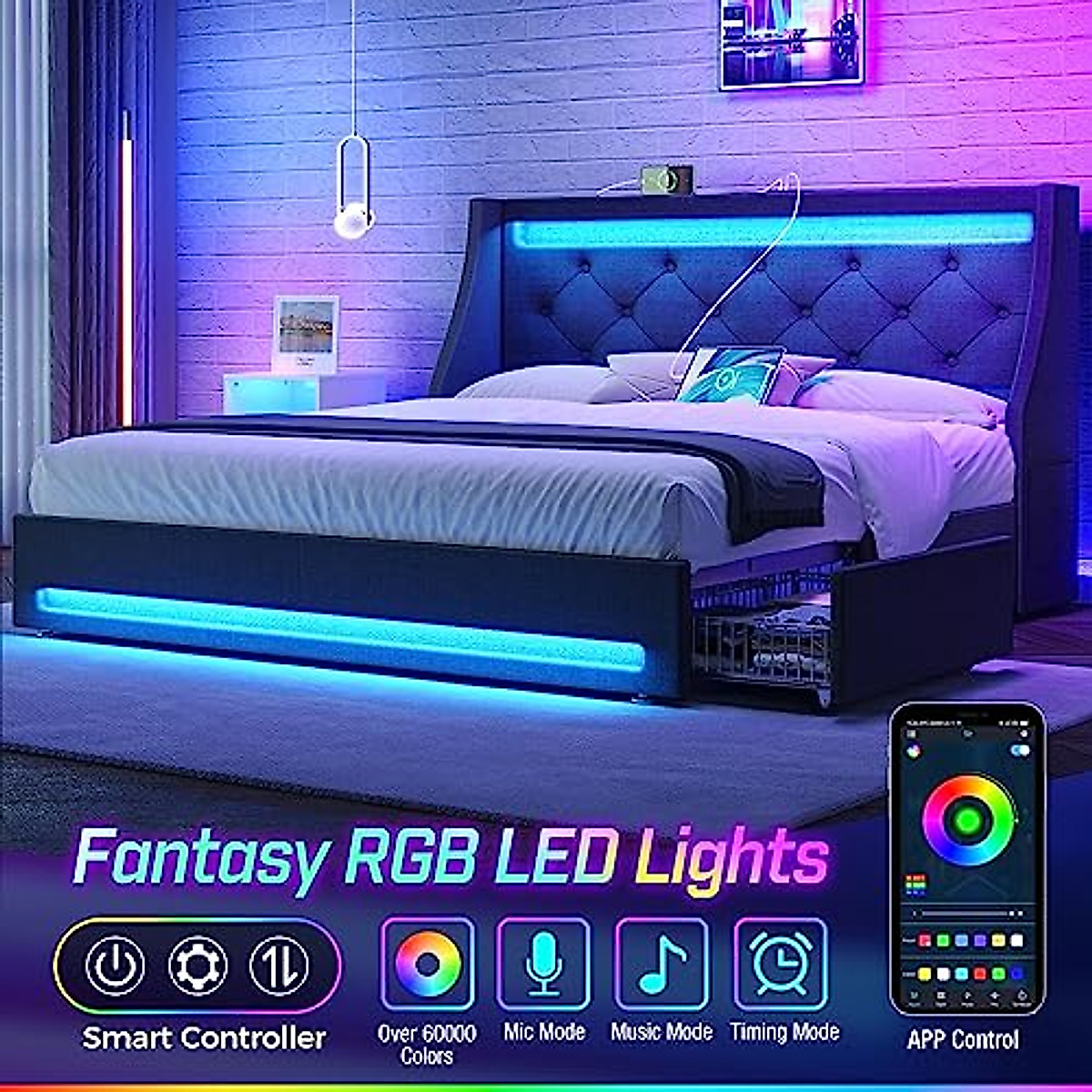 Rolanstar Queen Bed Frame with 4 Storage Drawers, Charging Station and LED Lights, Upholstered Platform Bed with Heavy Duty Wooden Slats, No Box Spring Needed, Noise Free, Easy Assembly, Dark Gray