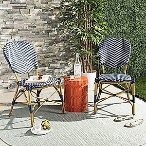 SAFAVIEH PAT4010A-SET2 Outdoor Collection Lisbeth Navy and White French Bistro Stacking Side Chair