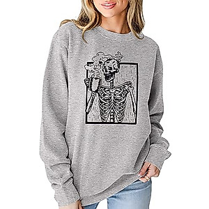 MODNTOGA Coffee Skeleton Sweatshirt Women Halloween Sweatshirt Long Sleeve Skeleton Drinking Coffee Crewneck Pullover Tops (Grey, M)