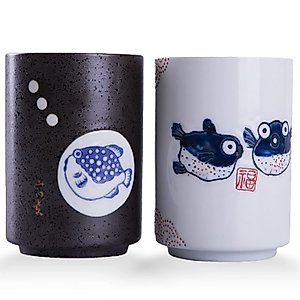 WHJY 10oz Transitional Chinese/Japanese style Handle-less Ceramic Tea cups teacup, Puffer Pattern Set of 2