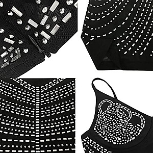 Uni Clau Women Sexy V Neck Halter Spaghetti Straps Rhinestone Hot Drilling Dress Mesh See Through Bodycon Party Club Night Out Maxi Dress Black M