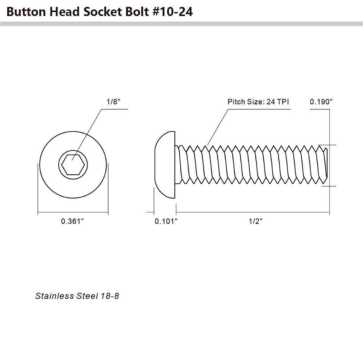 10-24 x 1/2" Button Head Socket Cap Bolts Screws, Stainless Steel 18-8 (304), Bright Finish, Full Thread, Allen Hex Drive, 50 PCS
