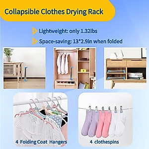 Portable Travel Garment Rack, Upgraded Easy Folding Mini Drying Clothes Rack, Retractable Drying Rack for Laundry, Travel, Camping, Hotel, Dance + 4 Folding Coat Hangers + 4 Clothespins (Compact)