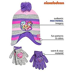 Nickelodeon Paw Patrol Girls Winter Hat and 2 Pair Mittens or Gloves (Age 2-7), Size Age 4-7, Paw Patrol Purple/Grey Glove 4-7